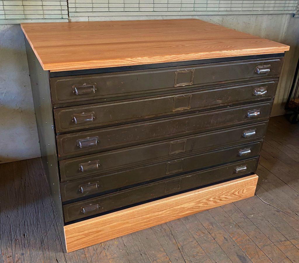 Vintage Industrial Oak & Steel Flat File Cabinet - Vintage Industrial ...