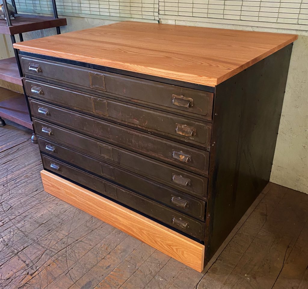 Vintage Industrial Oak & Steel Flat File Cabinet - Vintage Industrial ...